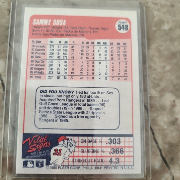 Other | Fleer 199 Sammy Sosa Error Cardwrong Dob Rare Mint Rookie Card ...